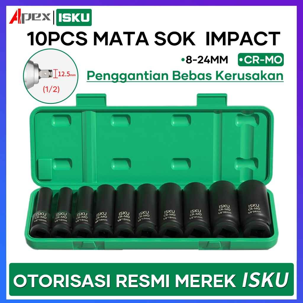 Jual ISKU mata sok impact full set 10pcs 1/2 inch/mata kunci shock impact Panjang cr-mo 8 10 12 ...