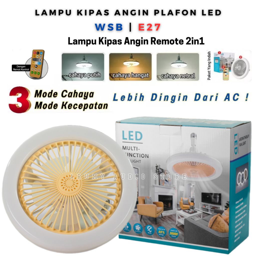 Jual BARANG UNIK | Lampu Kipas Angin Plafon Remote 2in1 30w Led E27 3 ...