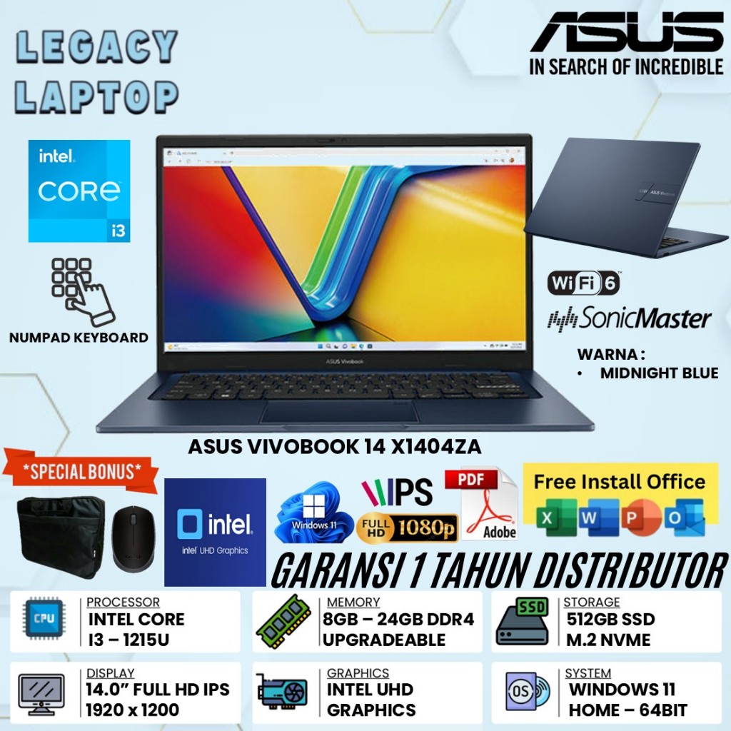 Jual LAPTOP ASUS VIVOBOOK 14 X1404ZA INTEL CORE I3 1215U RAM 16GB 512GB SSD NUMPAD WINDOWS 11 ...
