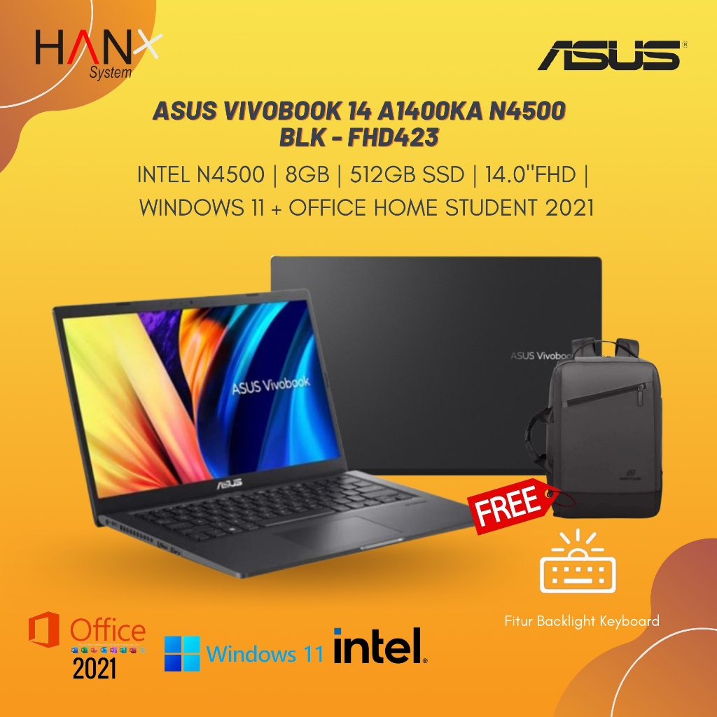 Jual ASUS VIVOBOOK 14 A1400KA N4500 8GB 256GB W11+OHS 14.0FHD BLK ...