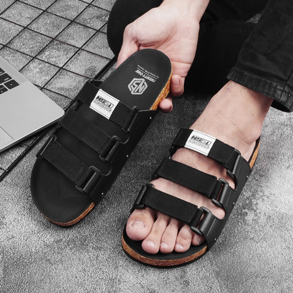 Jual NS21 - Sandal Pria Slip On Kulit Sintetis Premium Sendal Hitam ...
