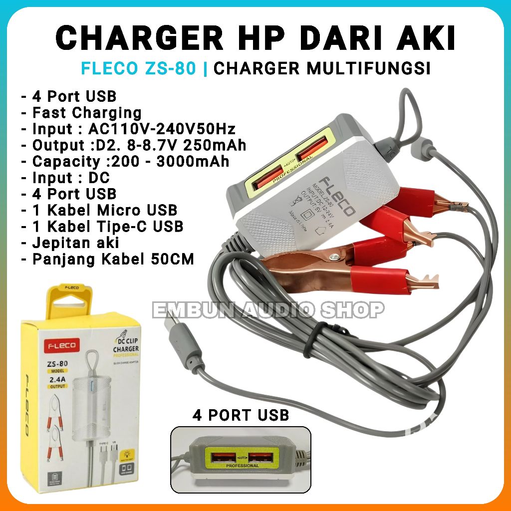 Jual Charger Untuk HP dari Arus Aki 4 Port USB + Kabel Cabang 2 (Type C & Micro USB) FLECO ZS-80 ...