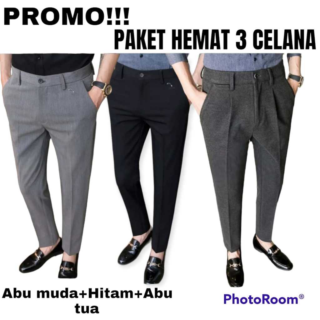 Jual PAKET HEMAT 100 DAPAT 3 CELANA KANTOR FORMAL PRIA SLIMFIT BAHAN DASAR KAIN SEMI WOLL ...