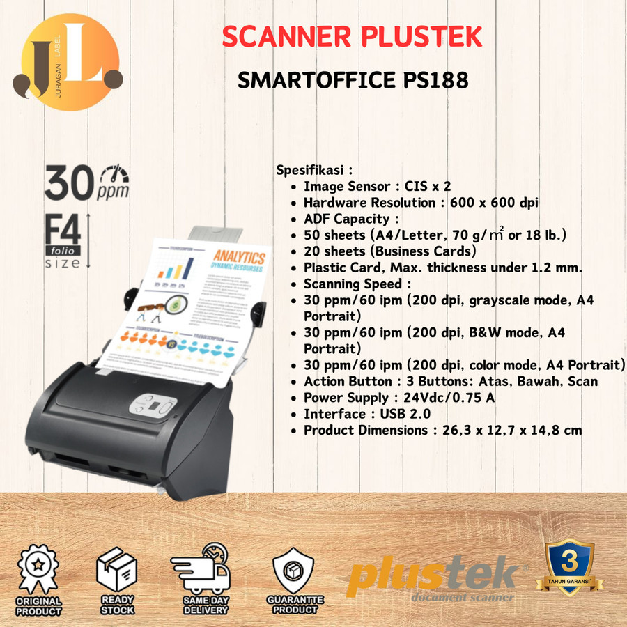 Jual Scanner Plustek SmartOffice PS188 30 Lembar/menit F4 Folio ...