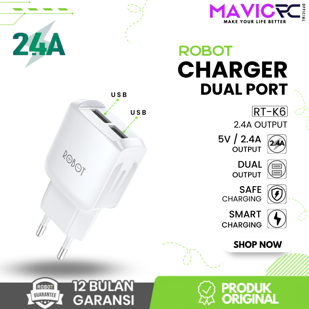 Jual [ PER PCS ] ROBOT RT-K6 | RT-K6S Travel Charger Adaptor Batok Charger Dual Output 2.4A ...