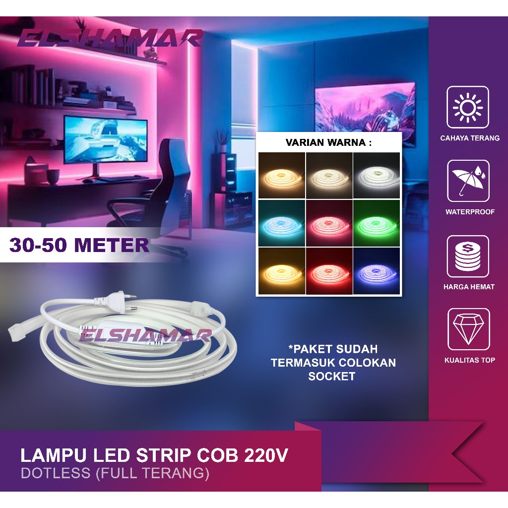 Jual Siap Pakai Tinggal Colok! Lampu LED Strip COB 220V Dotless Super ...