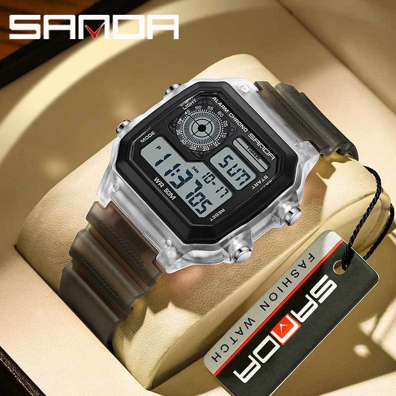 Jual SANDA 6133 Jam Tangan Elektronik Persegi Pria Jam Tangan Tali Silikon Transparan Fashion ...