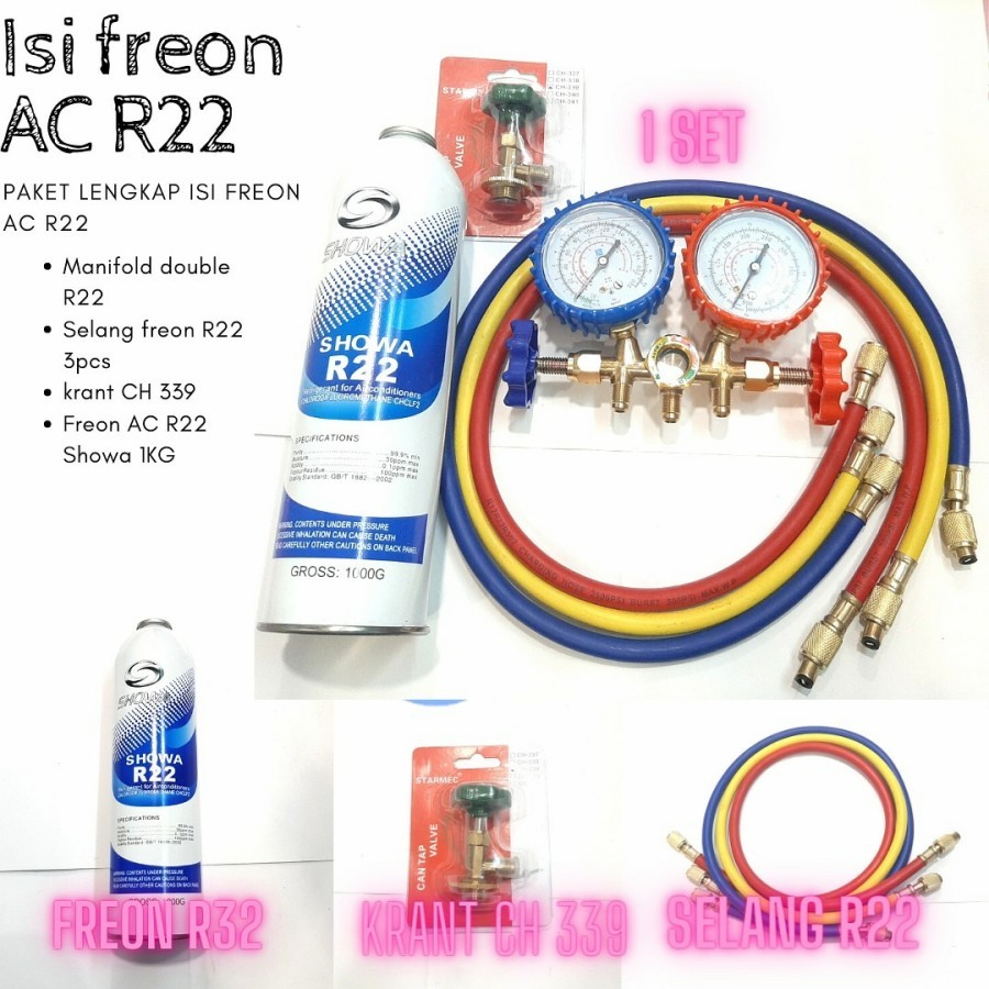 Jual Paket isi preon AC R22 manifold double selang krant freon showa 1kg | Shopee Indonesia