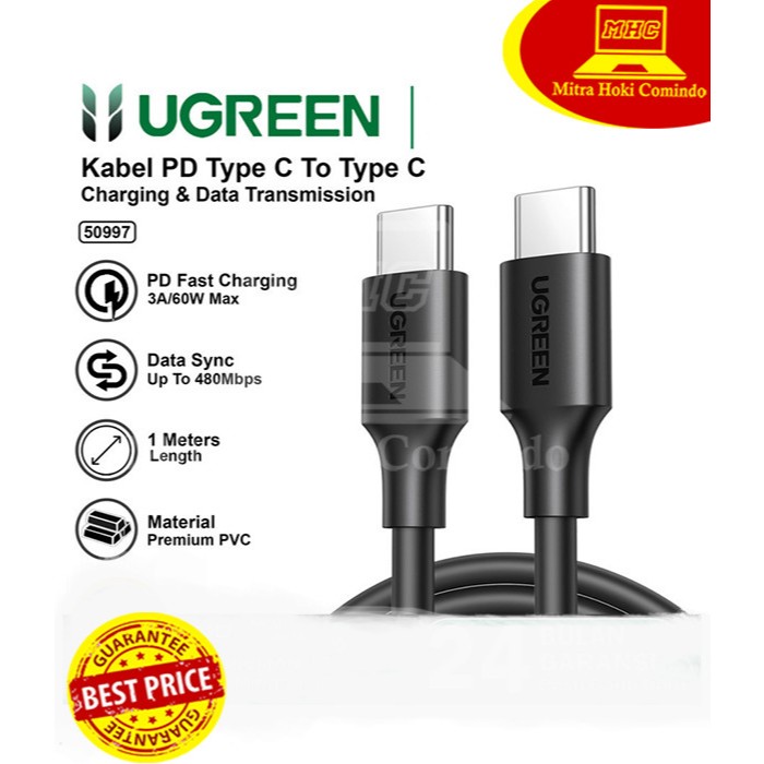 Jual KABEL DATA TYPE C TO TYPE C FAST CHARGING 60W 1M UGreen - PN 50997 ...