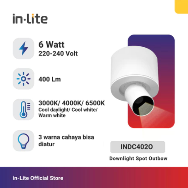 Jual INLITE - LAMPU SOROT SPOTLIGHT OUTBOW 3WARNA 6W INDC402O / LAMPU ...