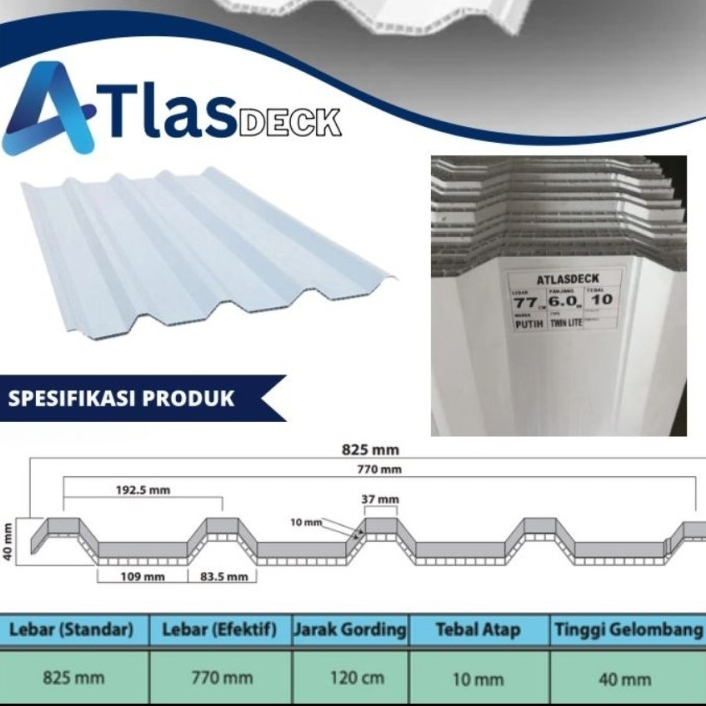 Jual ATAP UPVC ROOF ATLAS DECK TEBAL 10MM LEBAR 825 MM (EFEKTIF 770 MM) | Shopee Indonesia