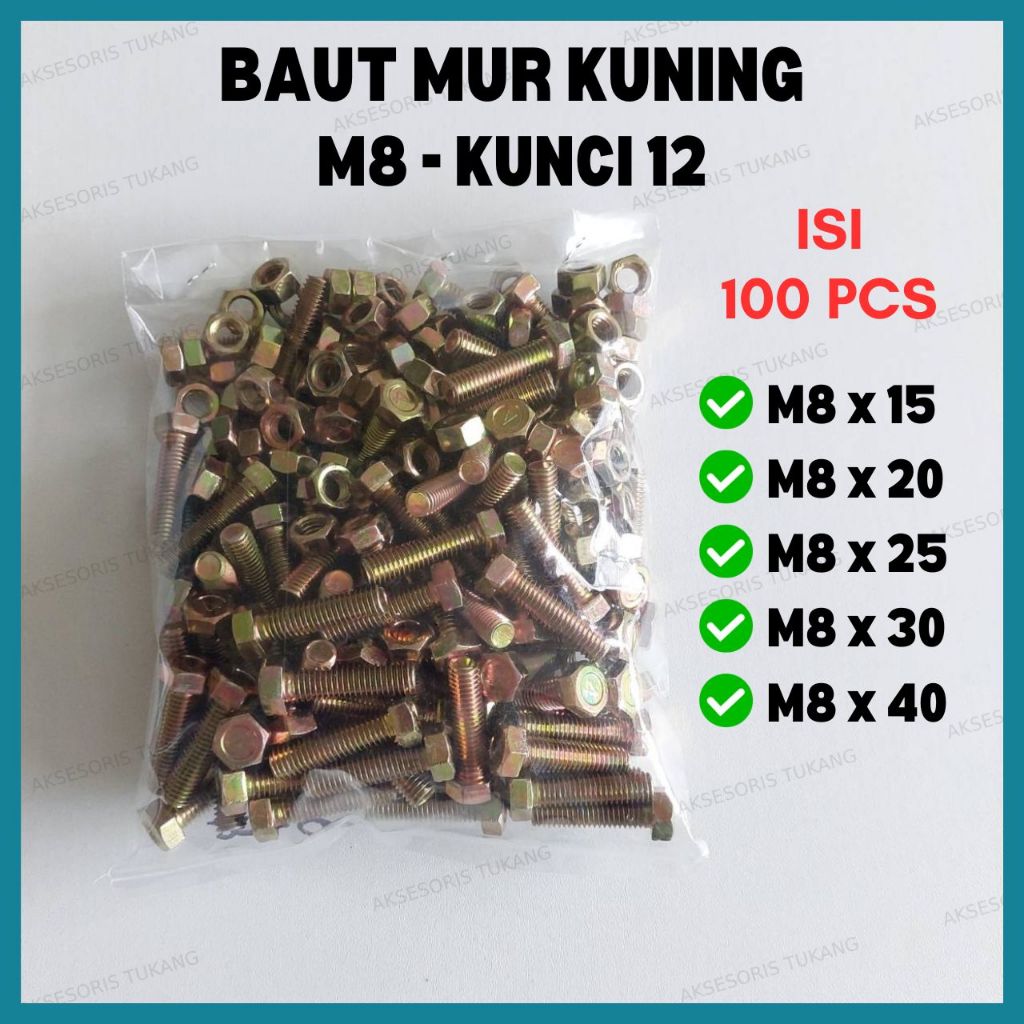 Jual [100 PCS] Baut Mur Hexagon Kuning M8 Baut Hex BMK Kunci 12 Isi 100 Pcs | Shopee Indonesia