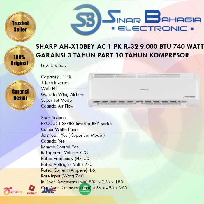 Jual SHARP AH-X10BEY AC 1 PK R-32 9.000 BTU 740 WATT GARANSI 3 TAHUN ...