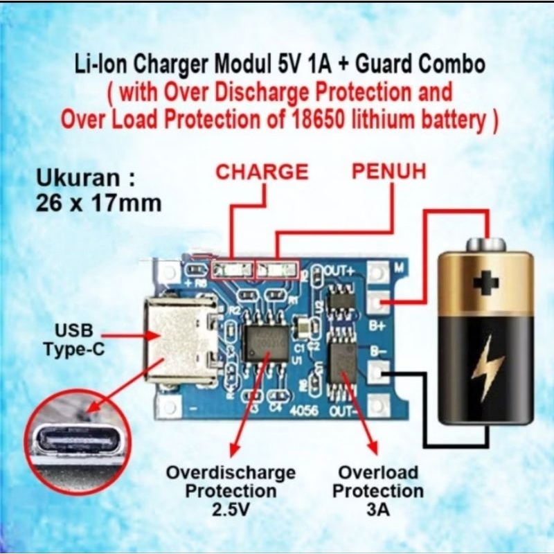 Jual Modul Charger Baterai TP4056 5V 1A Plus Protection Type C Baterai ...
