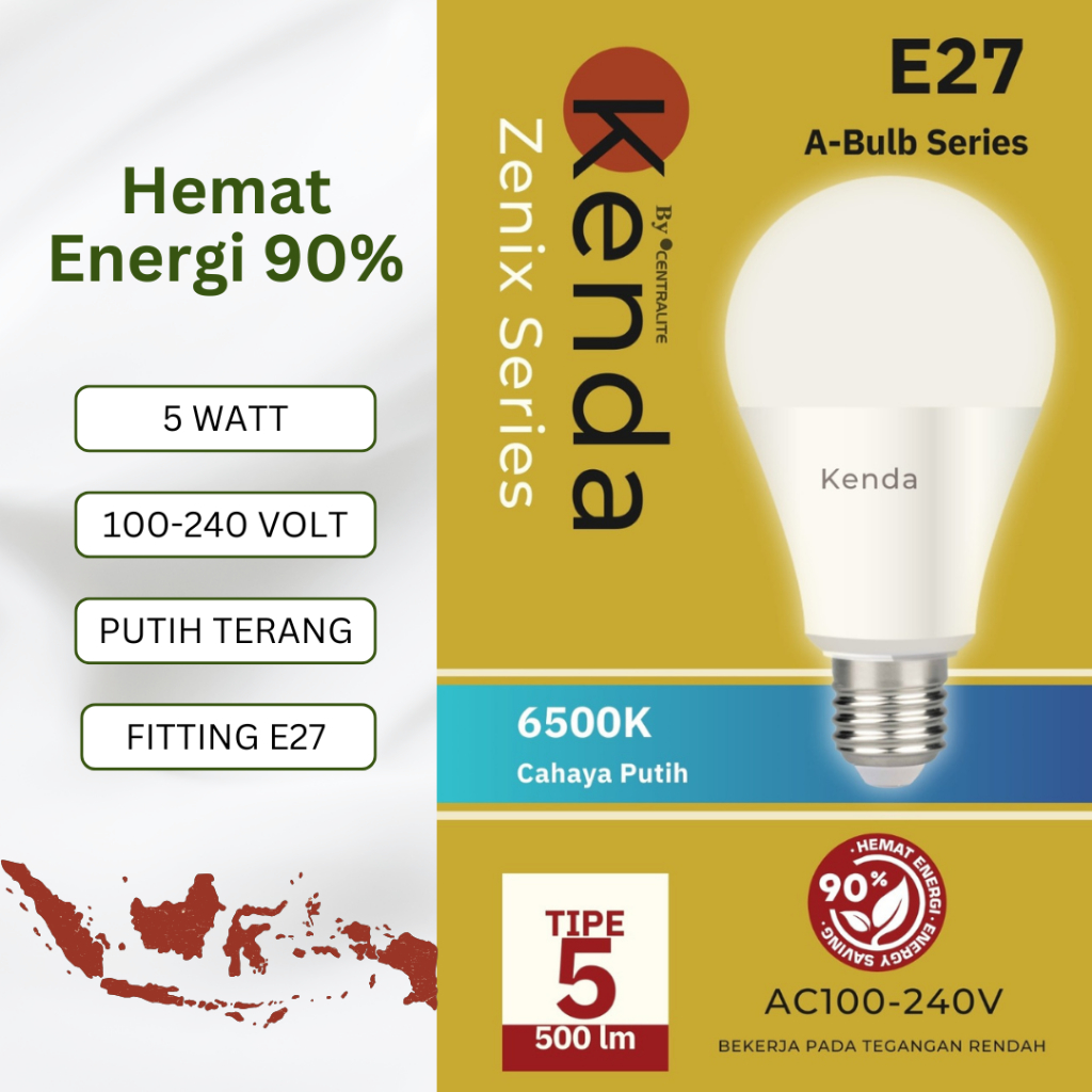 Jual Lampu Cahaya Terang Putih LED Bohlam Kenda A-Bulb Series 5 Watt Hemat Energi Murah Tahan ...
