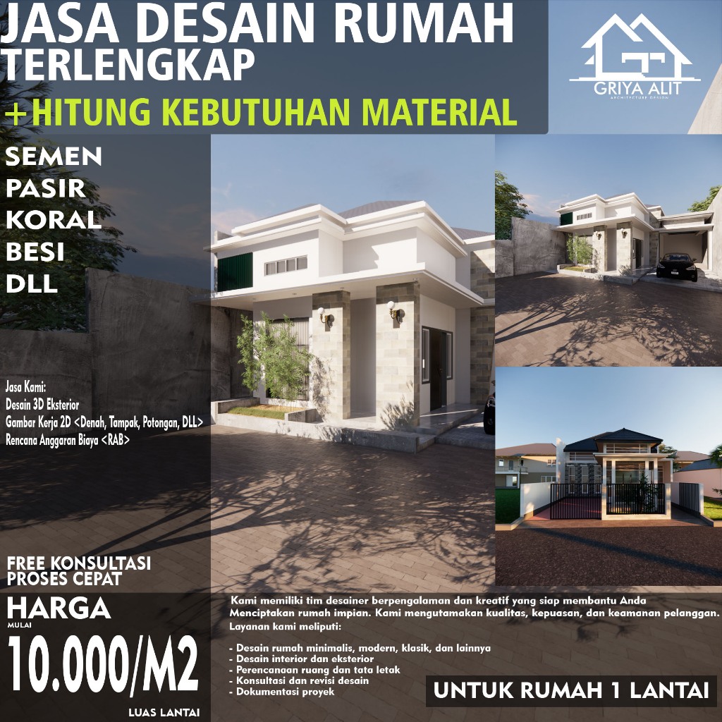 Jual Jasa Desain Rumah 1 Lantai Terlengkap | Perhitungan kebutuhan ...