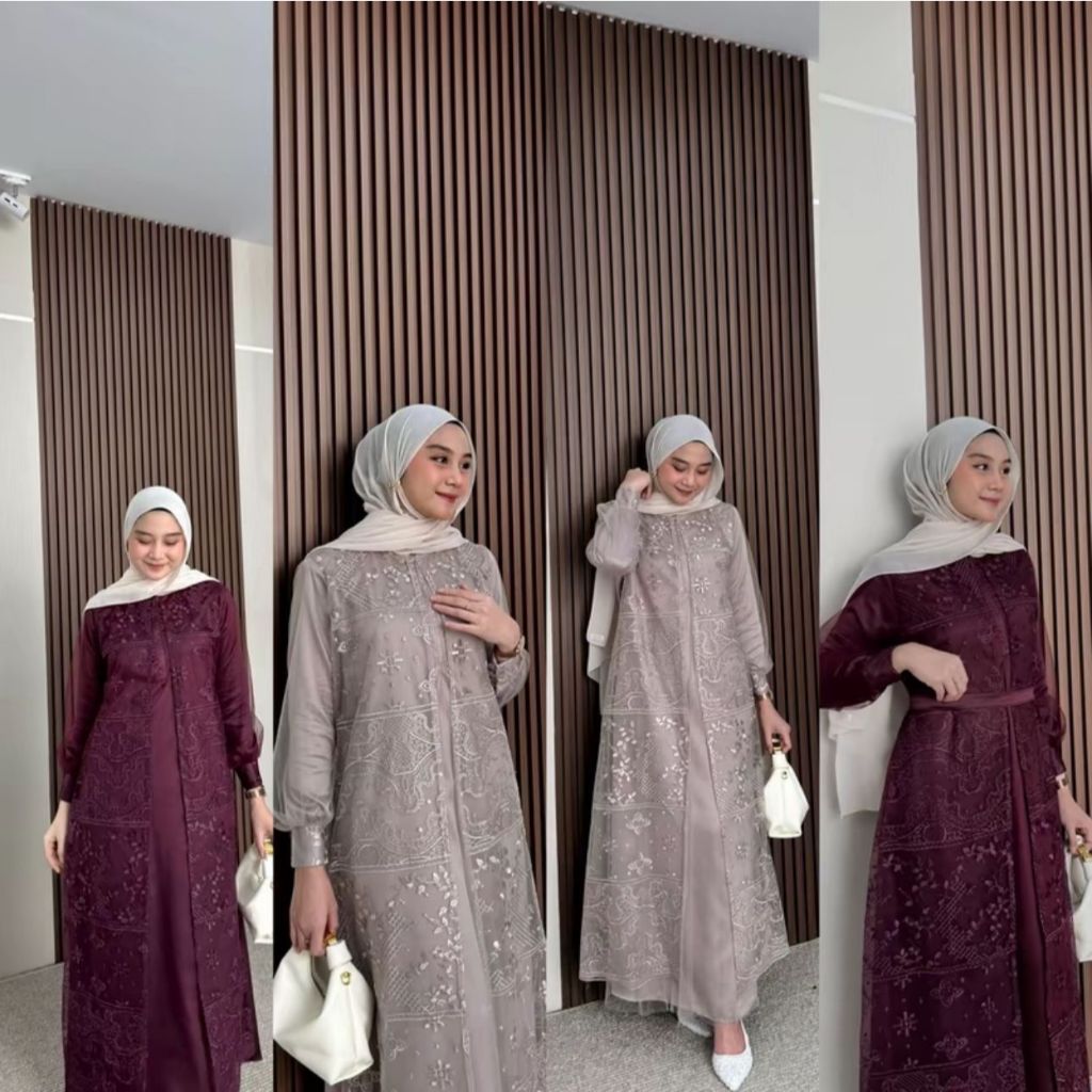 Jual Shofia Dress Silk Mix Tile Safto Free Belt Gamis Brukat Kondangan Warna Burgundy Layer ...