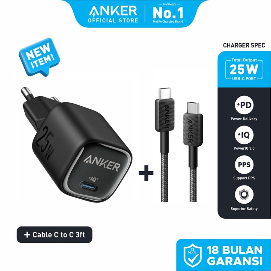Jual Anker 25W GaN USB-C Charger Compact Support PPS Super Fast ...