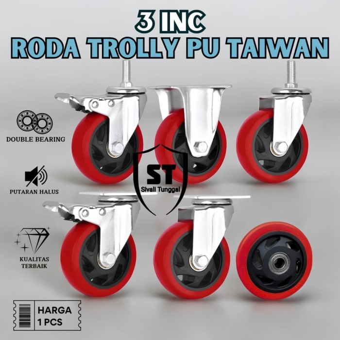 Jual RODA TROLI 4" INCH PU MERAH TAIWAN+DOUBLE BEARING HEAVY DUTY ...