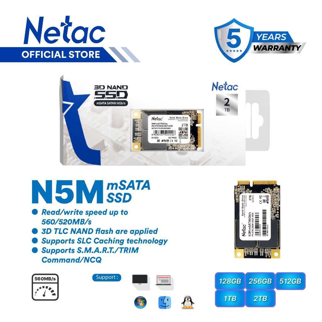 Jual Netac N5M mSATA SATAIII 3D NAND SSD 256GB/512GB R/W up to 540 ...