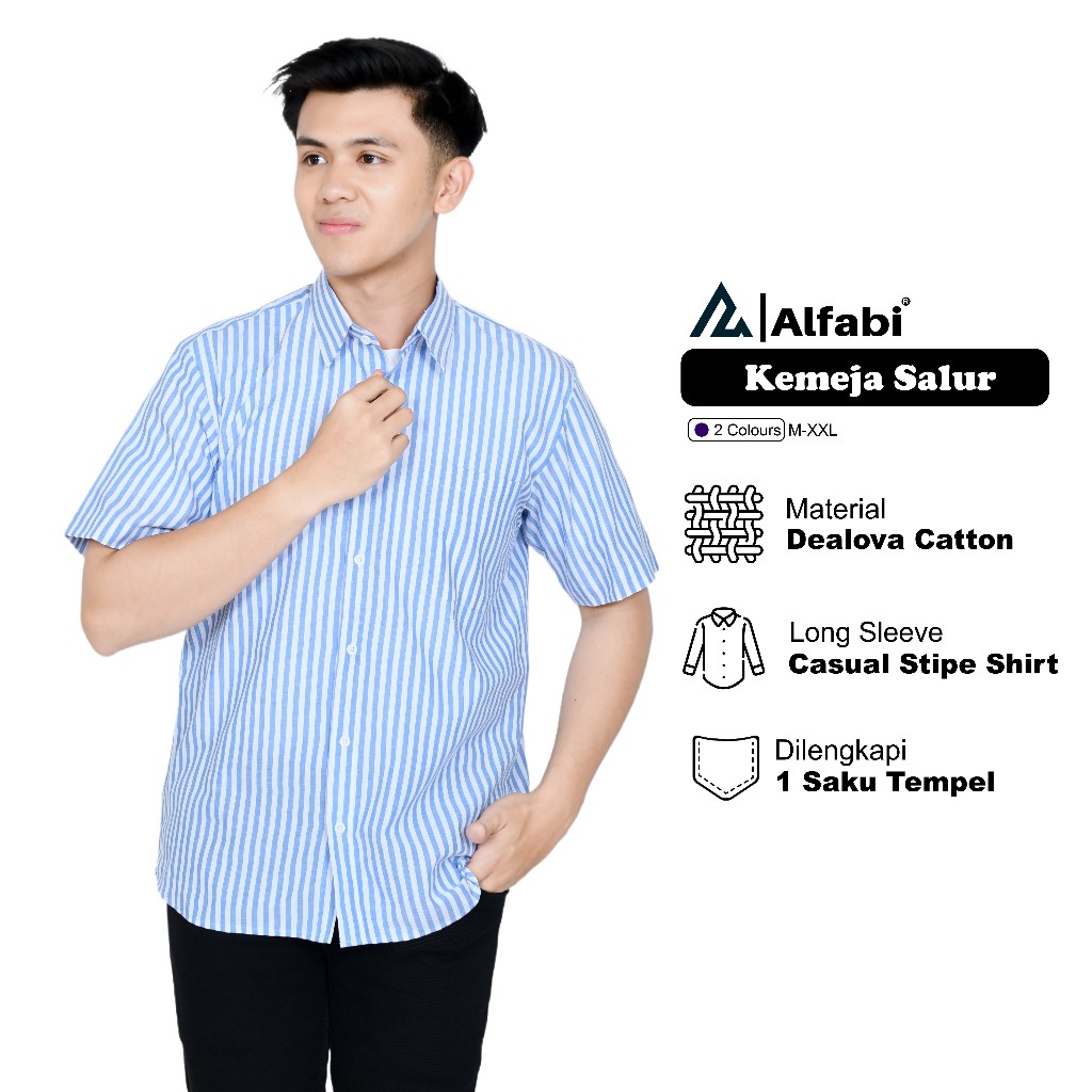 Jual Alfabi Kemeja Pria Garis Biru Katun Lengan Pendek | Shopee Indonesia