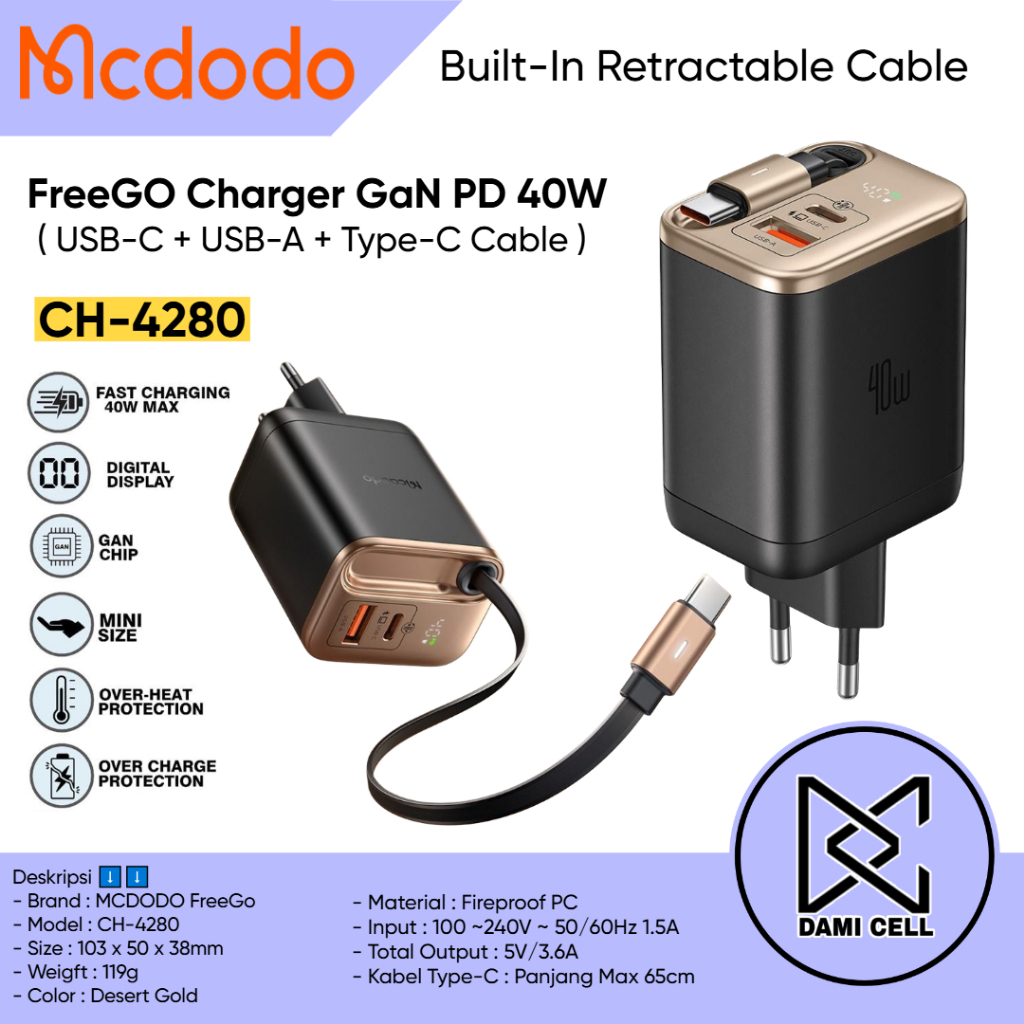 Jual MCDODO FreeGo Charger GAN PD Fast Charging 40W Built in ...