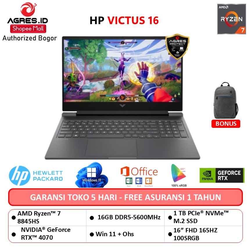 Jual HP VICTUS 16 RYZEN 7 8845HS RTX4070 8GB/ 16GB 1TB W11+OHS 16.1FHD ...