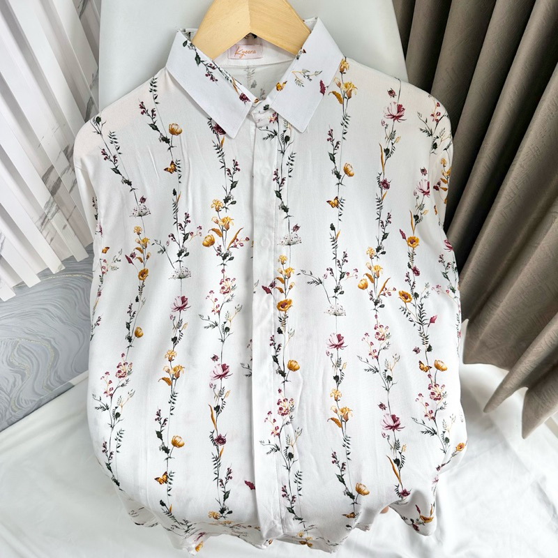 Jual Pattern Shirt / Oversized Pattern Shirt / Flower Line White ...