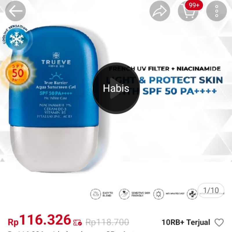 Jual Trueve True Barrier Aqua Sunscreen Gel Spf 50 PA++++ | Shopee ...