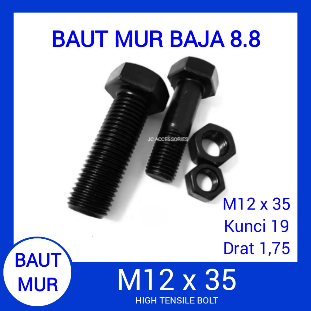 Jual MUR BAUT BAJA 8.8 M12X35 FULL DRAT PITCH 1,75 KUNCI 19 12X35 HIGH TENSILE BOLT HTB M12 X 35 ...