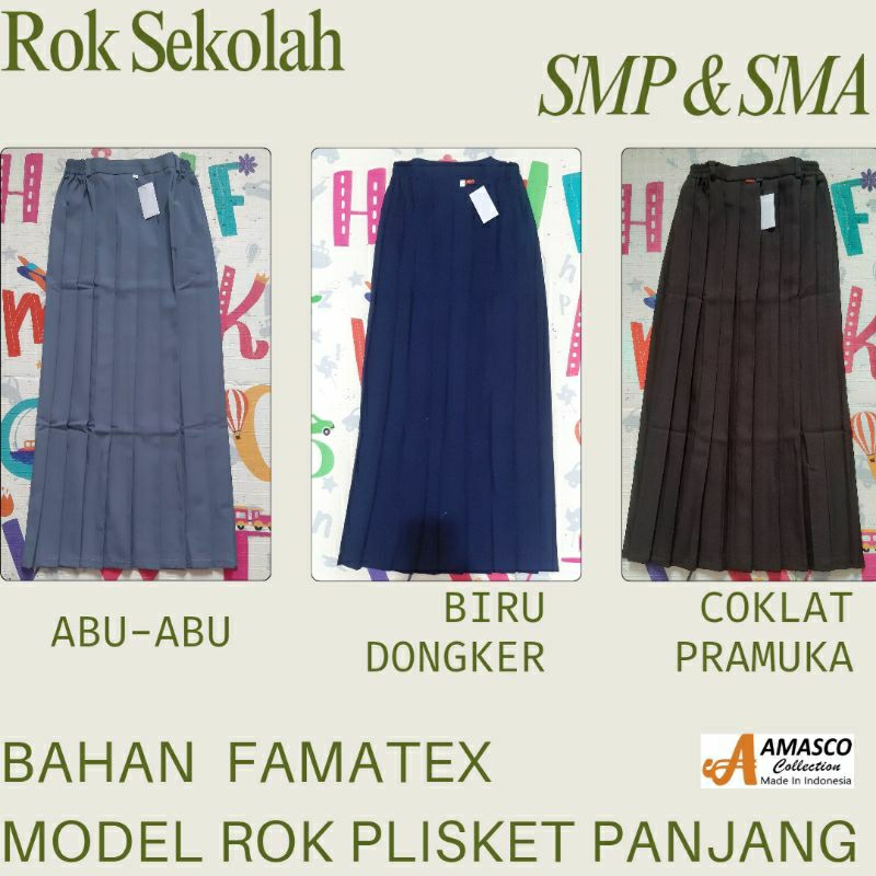 Jual Amasco, Rok sekolah SMP & SMA, bahan famatex, model rok plisket panjang, seragam sekolah ...