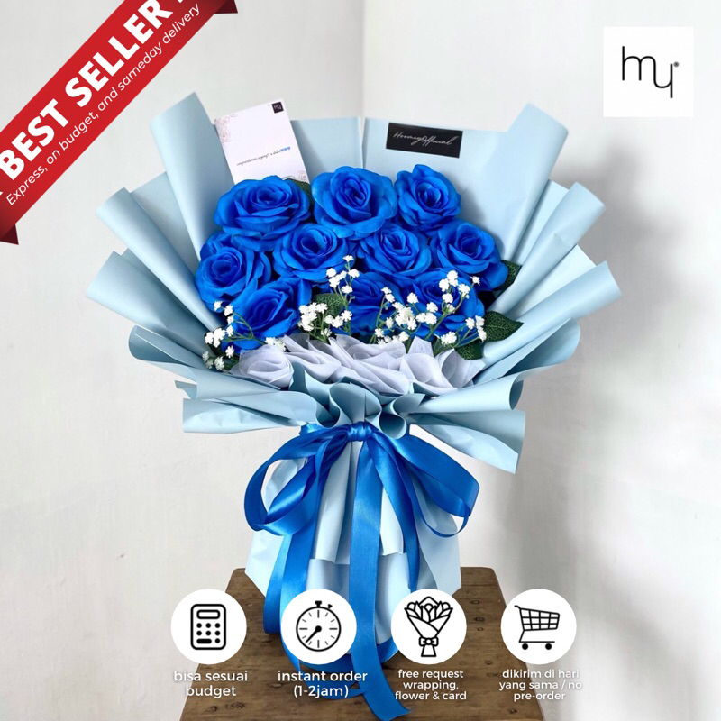 Jual HOOMEY - Buket Bunga Mawar Biru | Buket Bunga Artificial | Buket ...