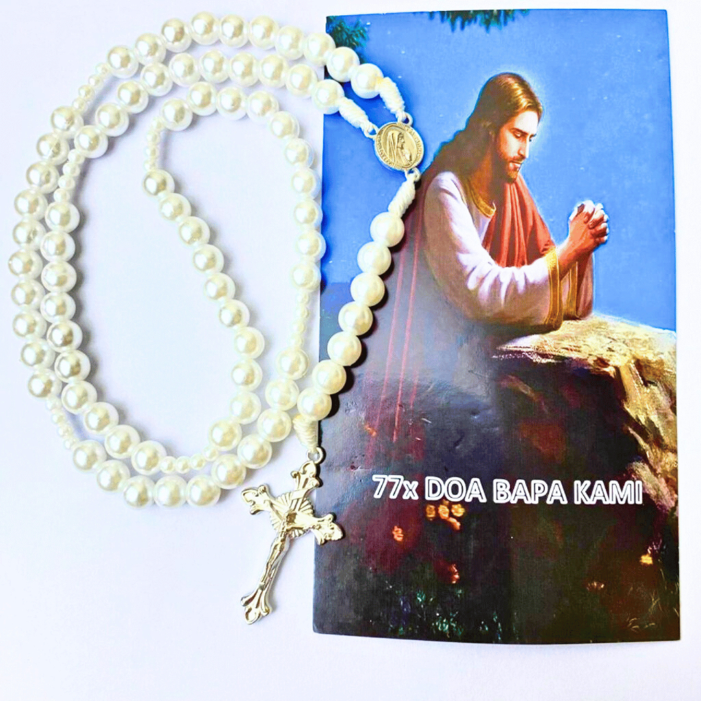 Jual Paket doa rosario 77 bapa kami - kaplet doa rosario bapa kami 77x - parel ringan putih ...