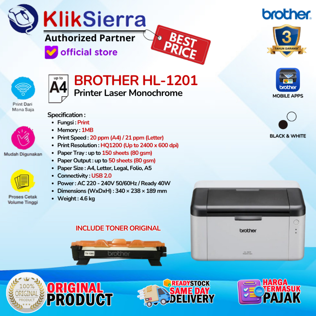 Jual BROTHER HL-1201 Portable Printer Laser Monochrome HL1201 Garansi ...