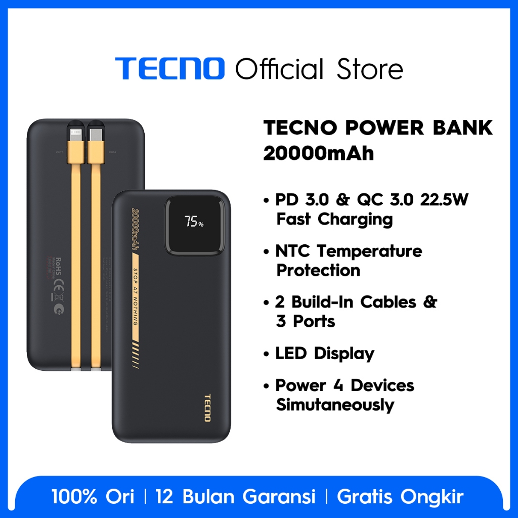 Jual TECNO Power Bank 20000 mAh, PD 3.0 & QC 3.0 22.5W Fast Charging ...