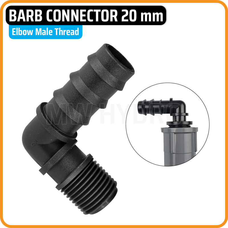 Jual Barb Connector 20 mm - Elbow Male Thread | Konektor Selang PE Irigasi Hidroponik - Elbow ...