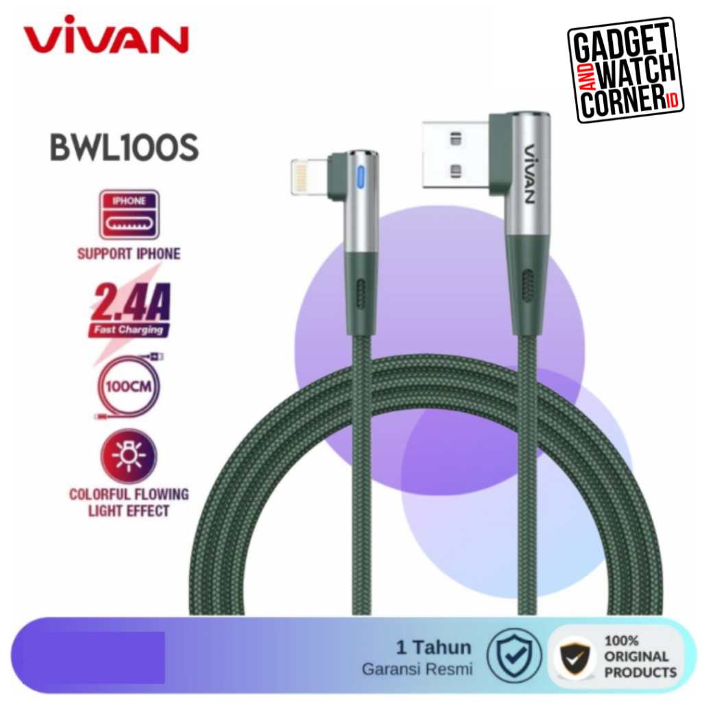 Jual VIVAN BWL100S Kabel Data Charger Lightning iPhone Elbow 1M 2.4A ...