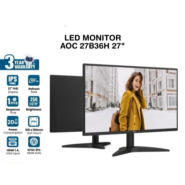 Jual Led Monitor AOC 27B36H 27" Fhd 100Hz IPS 1ms AdaptiveSync Hdmi Vga | Shopee Indonesia