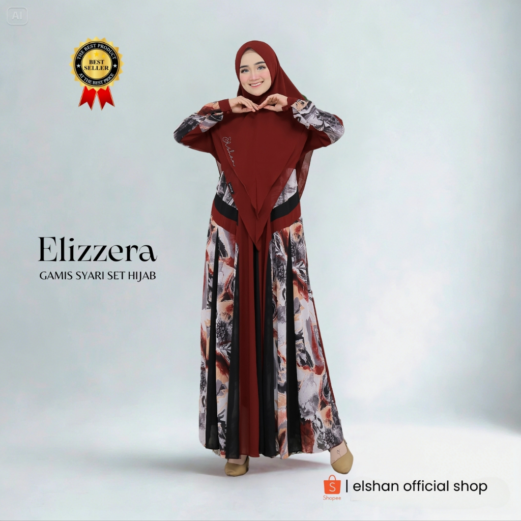 Jual Elshan - Gamis Syari Ceruty Motif Printing Set Hijab Elizera ...