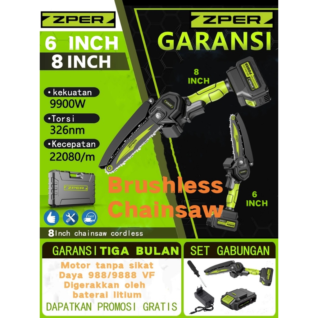 Jual ZPER Gergaji portable chainsaw cordless 8 inch 6 inci Pemotongan ...
