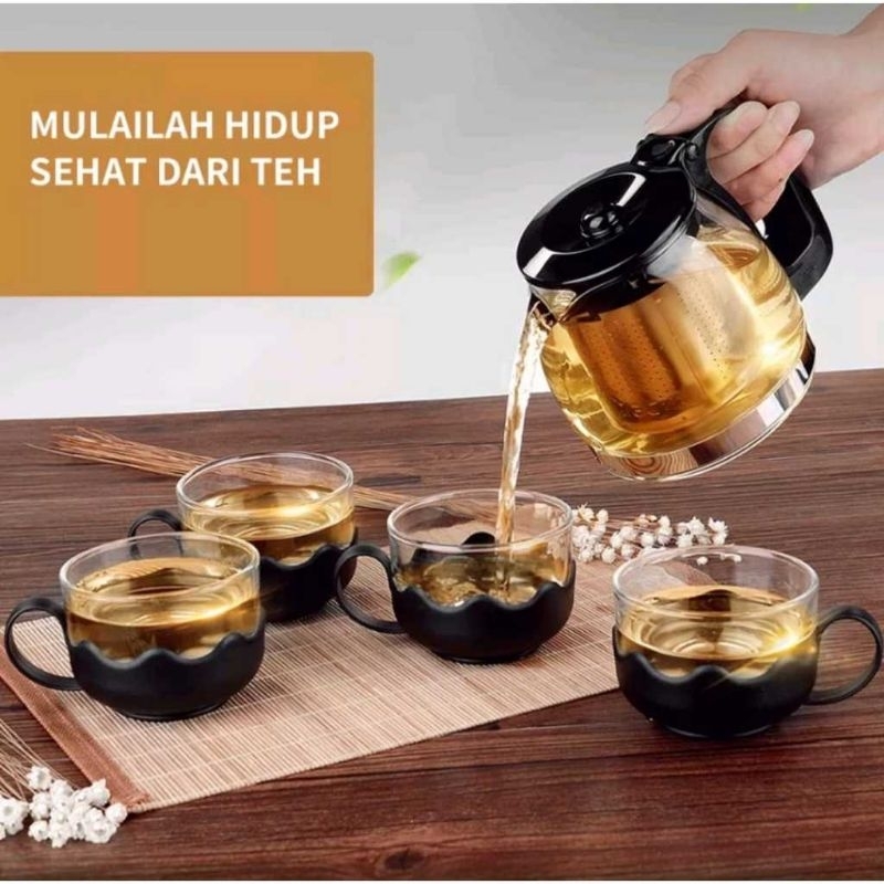 Jual Teapot Saringan Hitam Set 4 Gelas / Tea pot Set Gelas Kaca 5in1 ...