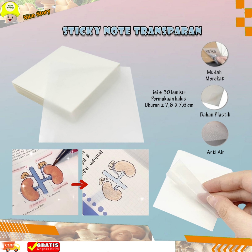 Jual (NCS) Sticky Note Transparan Tahan Air - Stiky Notes 50 Lembar ...