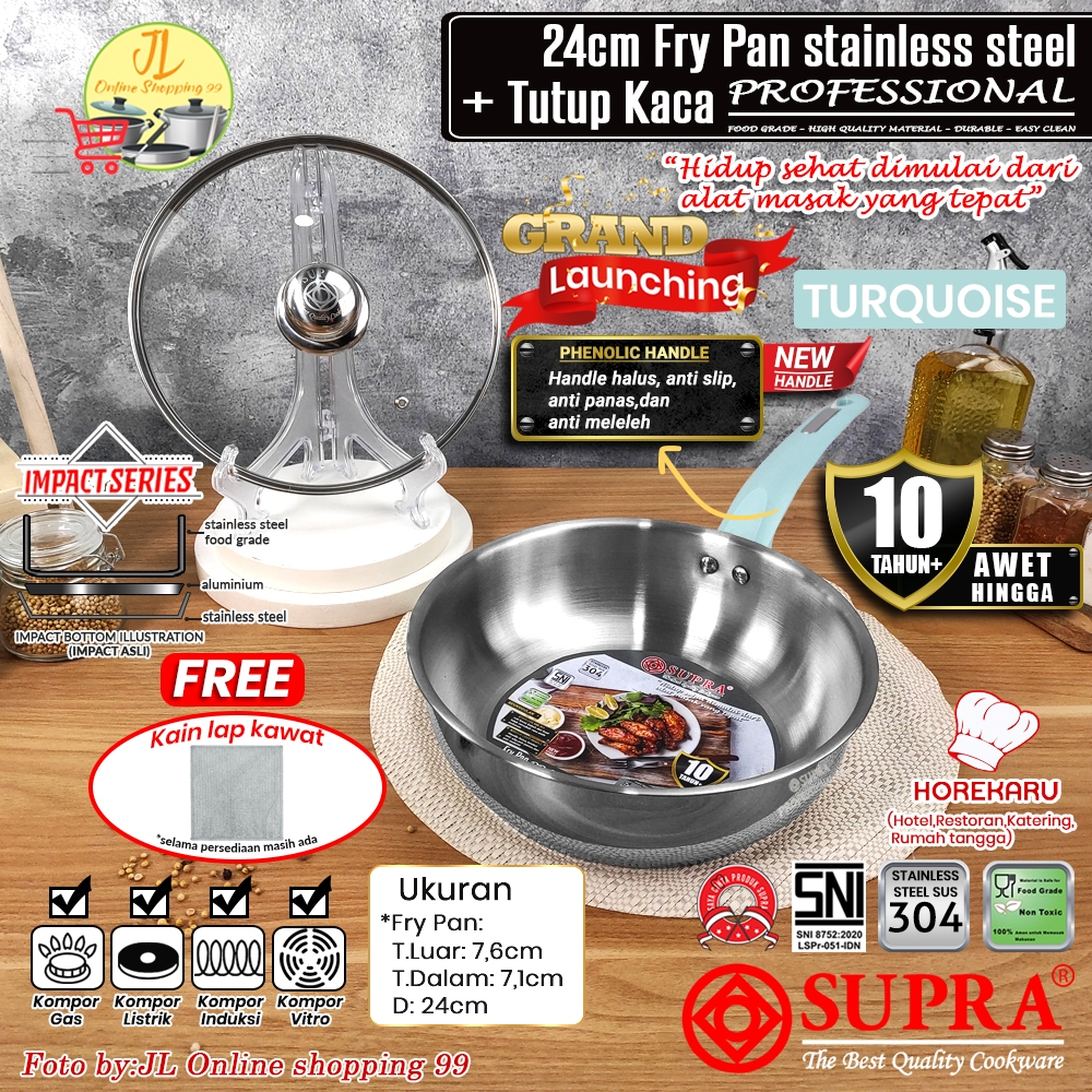 Jual SUPRA Panci Fry pan 24cm + tutup kaca viliron stainless SUS 304 ...