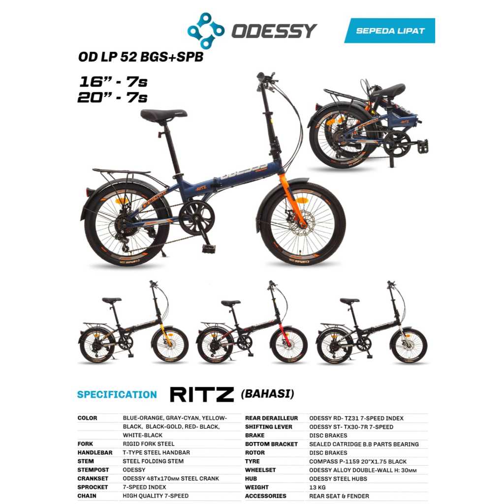 Jual Sepeda Lipat 16 20 Inch Odessy RITZ 7 Speed Shimano Folding Bike ...