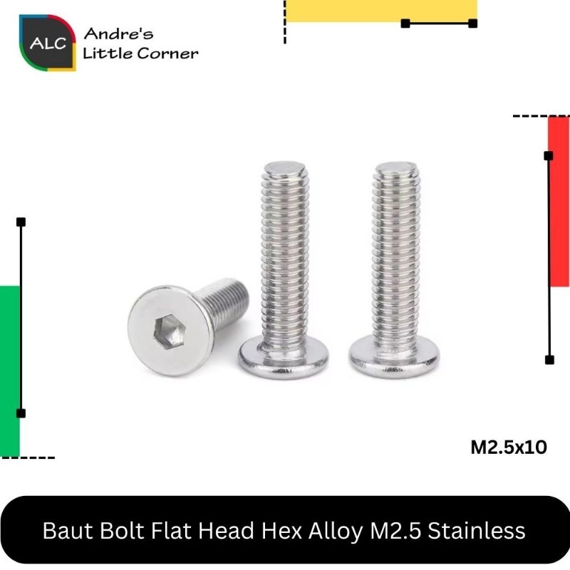 Jual Baut Bolt M2.5 10mm Stainless Steel Flat Head Alloy Hex 10 mm ...