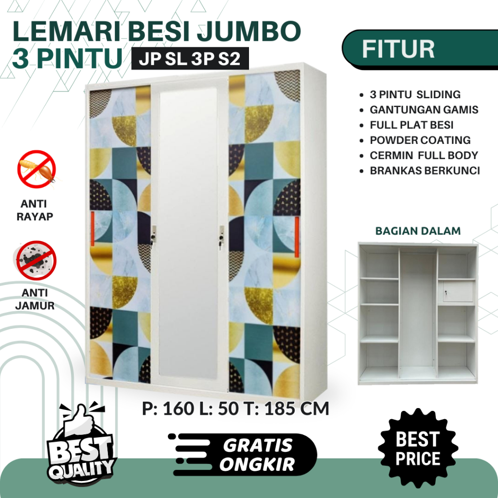 Jual Lemari Pakaian Besi 3 Pintu Jumbo 160cm JB SL 3P S2 / Lemari Baju Besi Sliding Door Metal ...