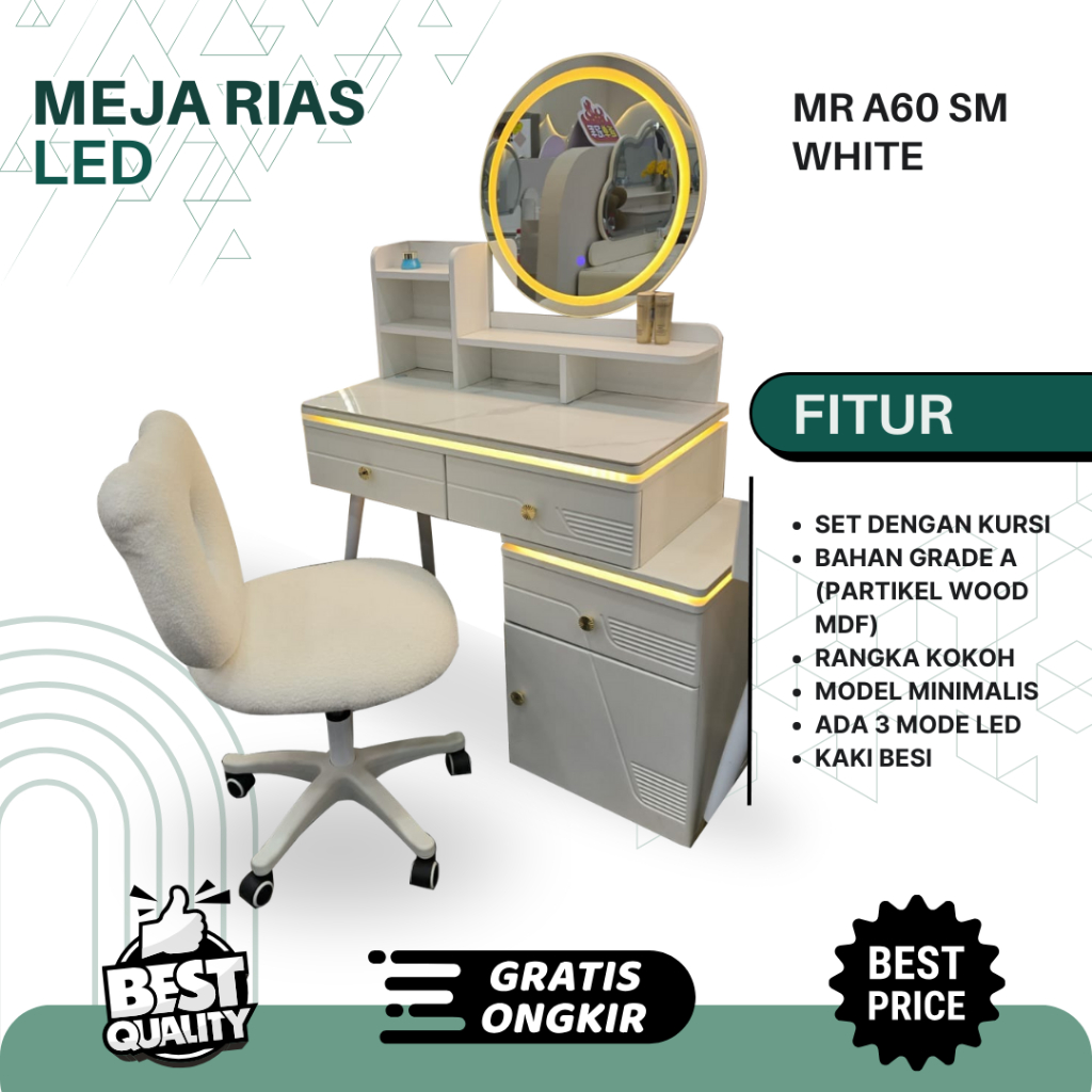 Jual Meja Rias MR A60 SM WHITE + Kursi LED / Set Meja Kursi Rias Make ...