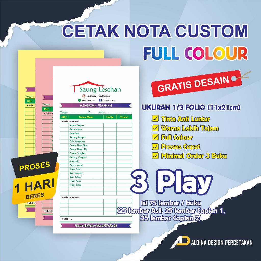 Jual Promo Nota Kontan 3 ply Custom ukuran 1/3 Folio Full Colour, Tinta ...