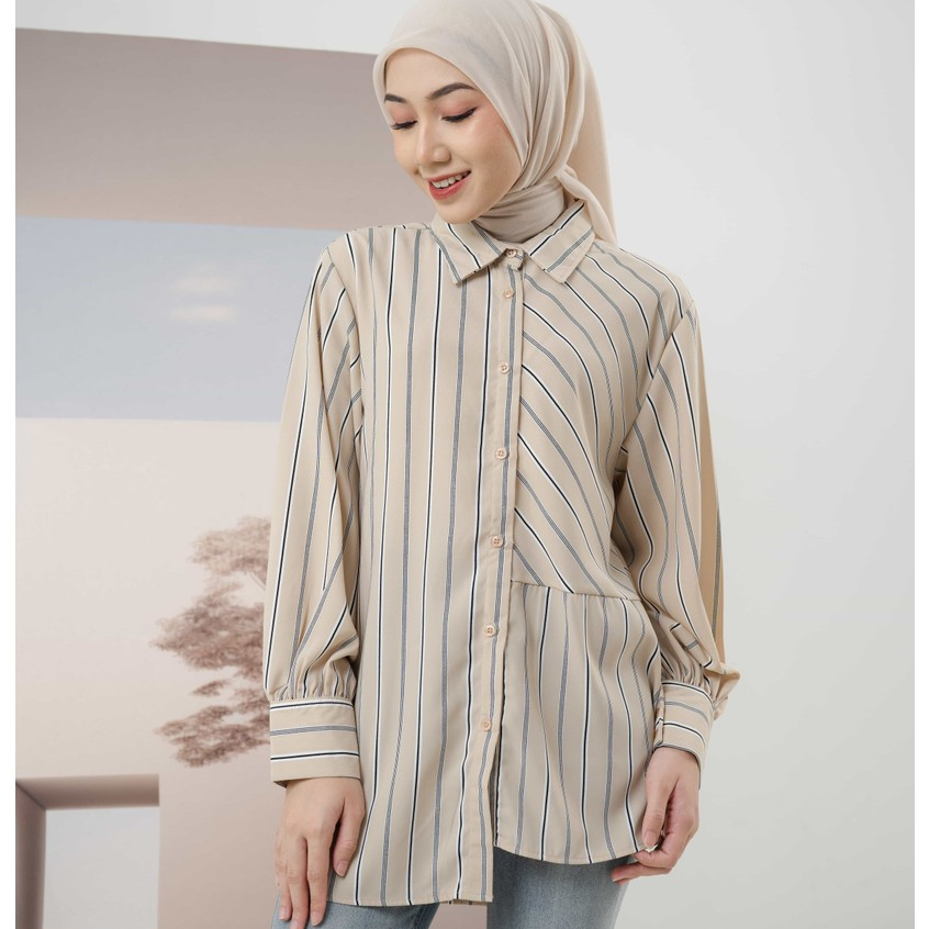Jual Mayoutfit Makaio Shirt | Kemeja Stripe Wanita Twill Asimetris Office Look | Shopee Indonesia