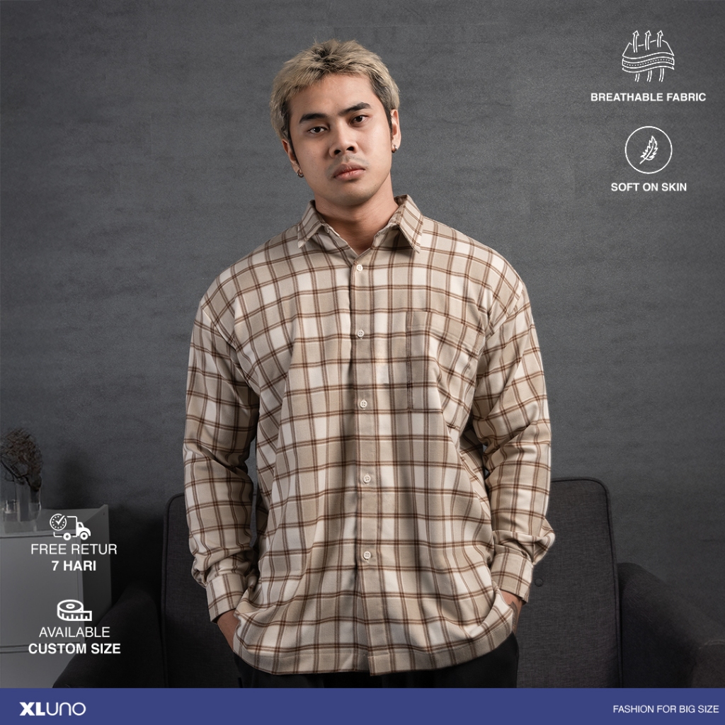 Jual XLUNO Alanno Flannel Cream Kemeja Flannel Pria Jumbo Big Size Lengan Panjang | Shopee Indonesia
